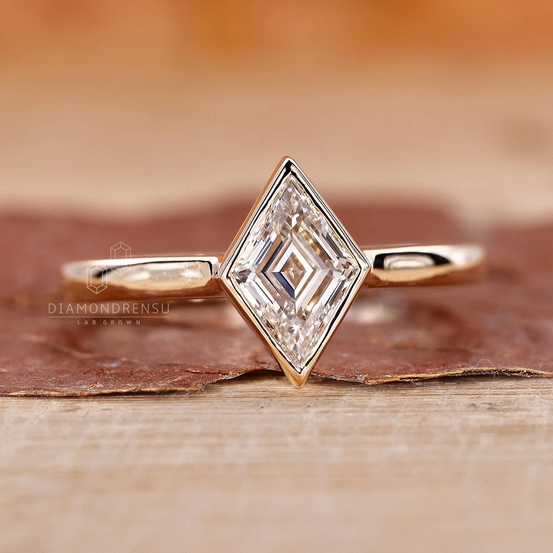 Solitaire Engagement Ring in Bezel Setting, 1 to 2 Ct Lozenge Cut Lab ...