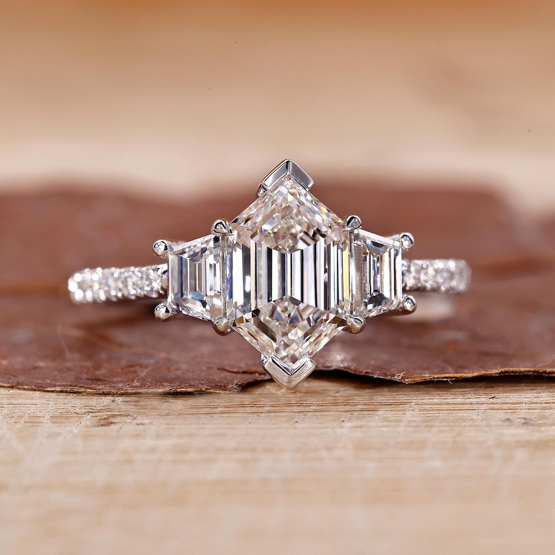 Elongated Hexagon Diamond Engagement Ring, Side Trapezoid Pave Lab ...