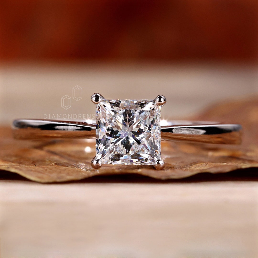 1.01 CT Princess Cut Lab Grown Diamond Ring, Solitaire Engagement Ring ...