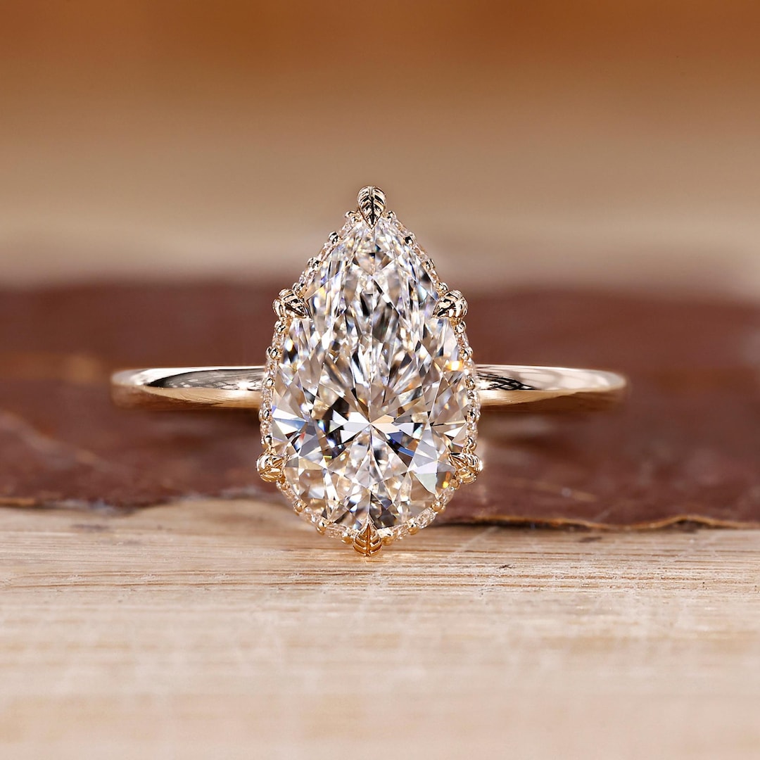 Hidden Halo Pear Engagement Ring, Pear Cut Lab Grown Diamond Wedding ...