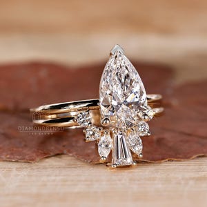 Pear Cut Diamond Solitaire Engagement Ring With Tiara Wedding Band, Lab ...