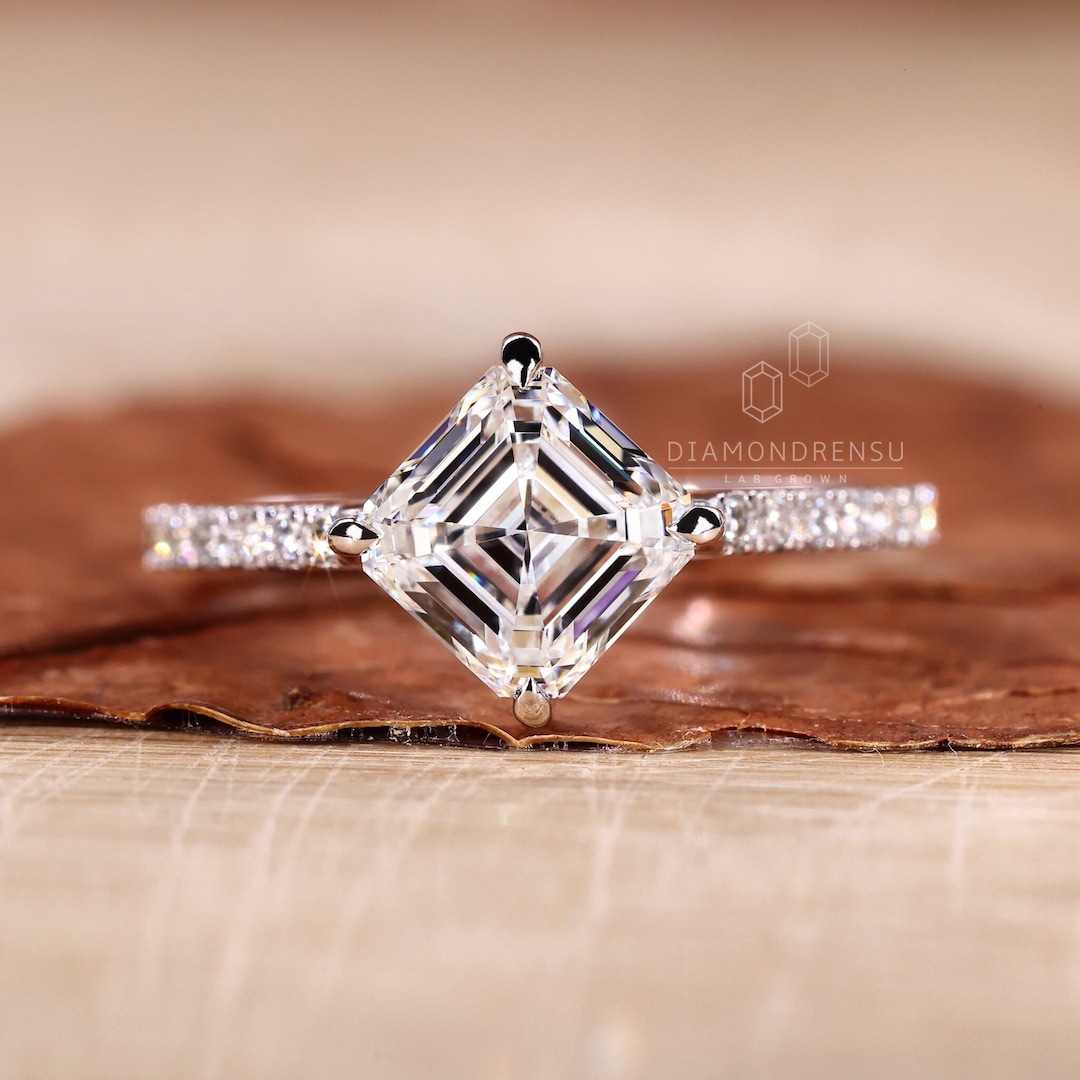 Hidden Halo Engagement Ring With Asscher Cut Lab Grown Diamond, Diagonal Setting, Available in ...