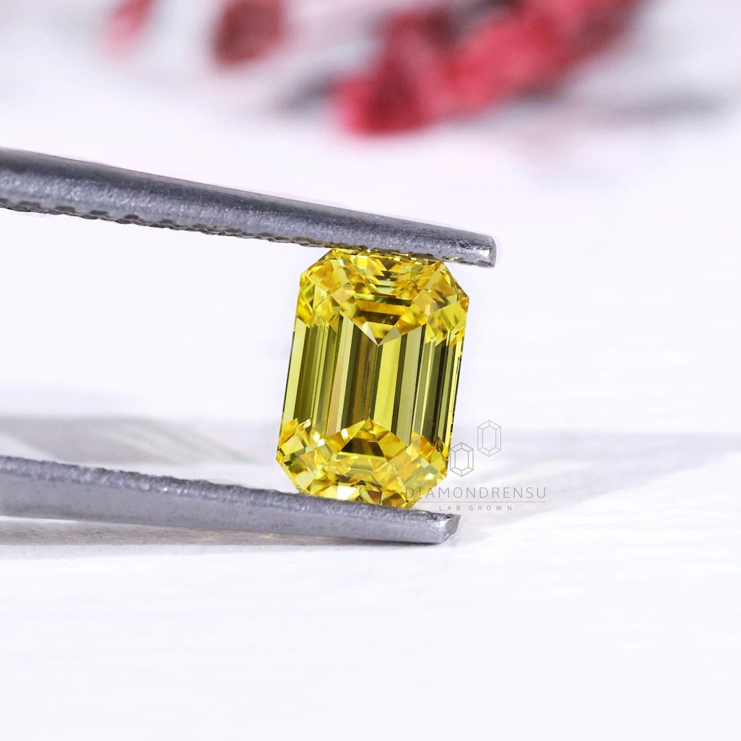 Emerald Cut Yellow Lab Grown Diamond, 0.67 CT Fancy Vivid Yellow ...