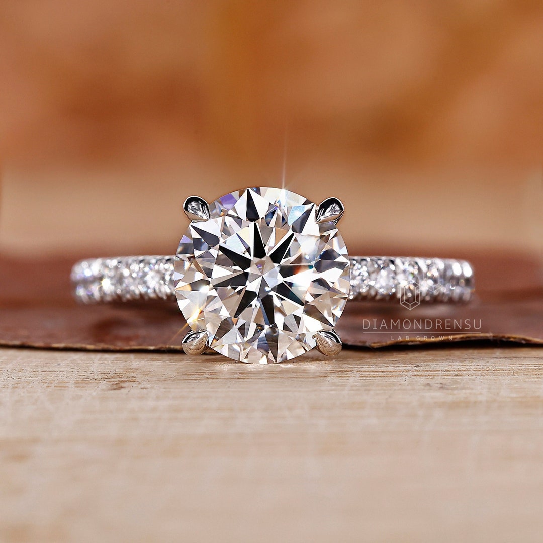 Round Diamond Pave Engagement Ring for Women in White Gold, IGI ...