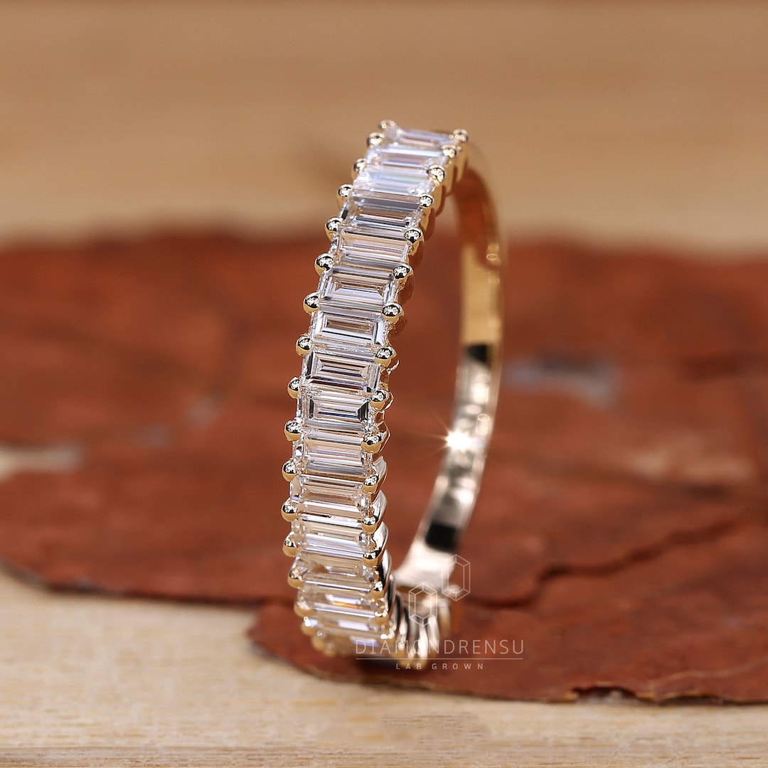 Baguette Cut Diamond Half Eternity Band, Lab Grown Diamond Wedding Band ...