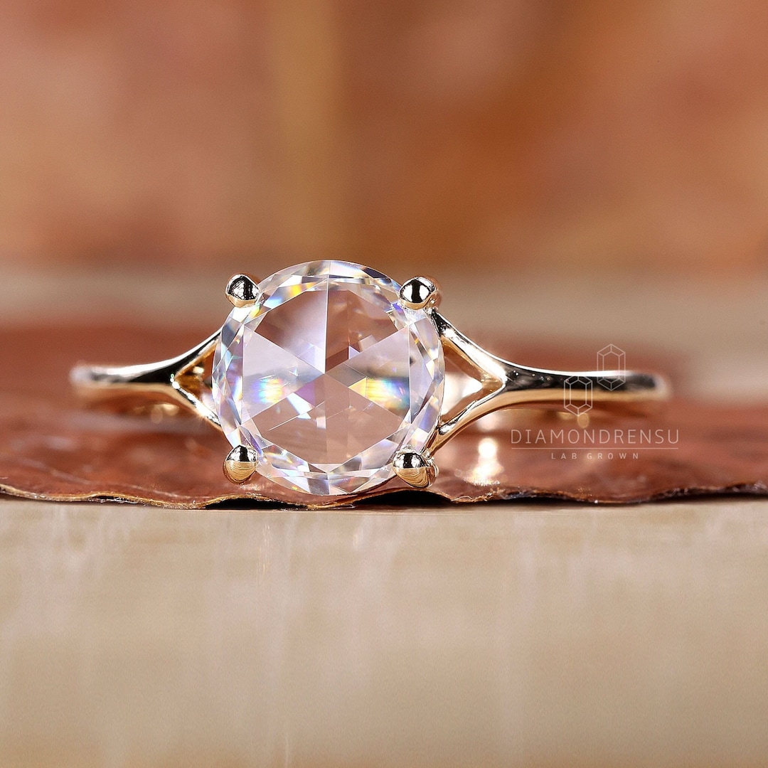 Rose Cut Lab Grown Diamond Solitaire Ring, Vintage Engagement Ring for ...