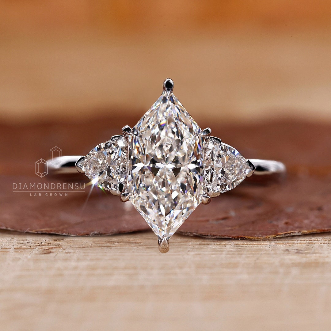 Dutch Marquise Cut Lab Grown Diamond Engagement Ring, Three Stone Ring ...