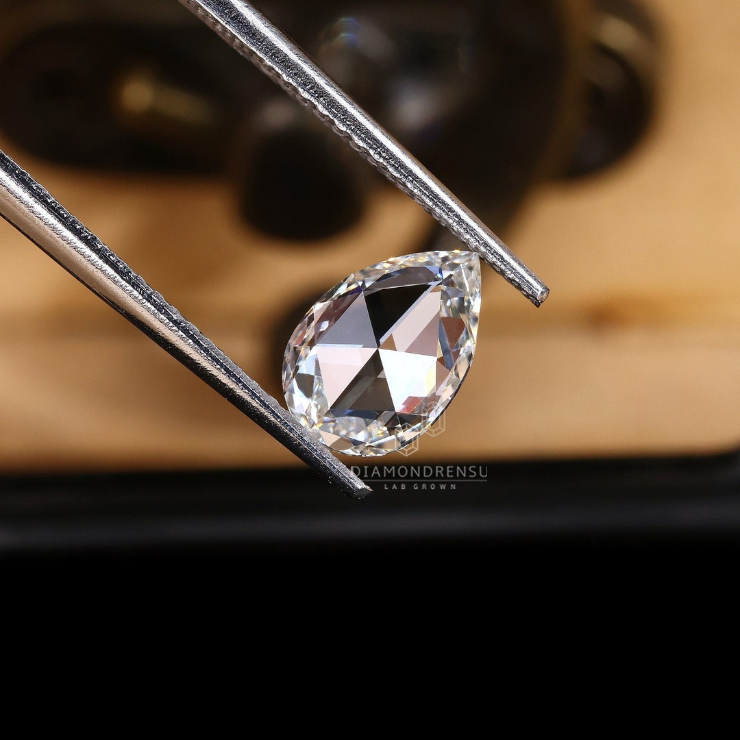 0.99 CT Pear Rose Cut Lab Grown Diamond Engagement Ring, Antique Flat ...