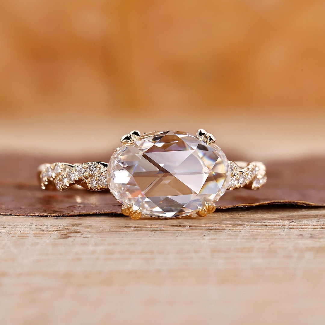 East to West Oval Rose Cut Diamond Ring With Hidden Halo, Lab Grown ...