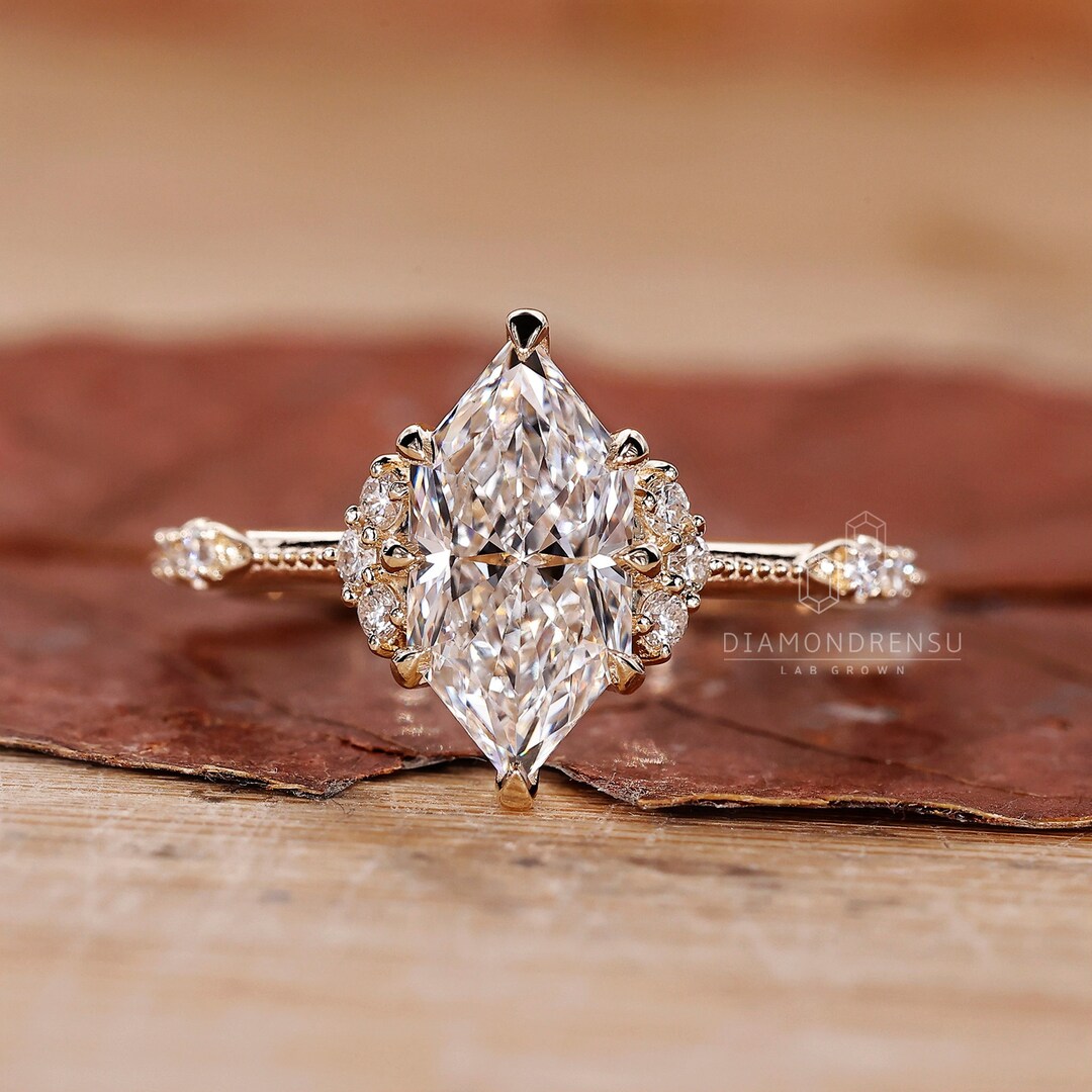Dutch Marquise Cut Vintage Style Diamond Engagement Ring, 1 to 3 Ct Lab ...