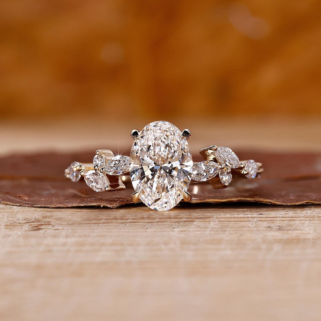 Oval Diamond Hidden Halo Engagement Ring, Side Marquise and Round ...