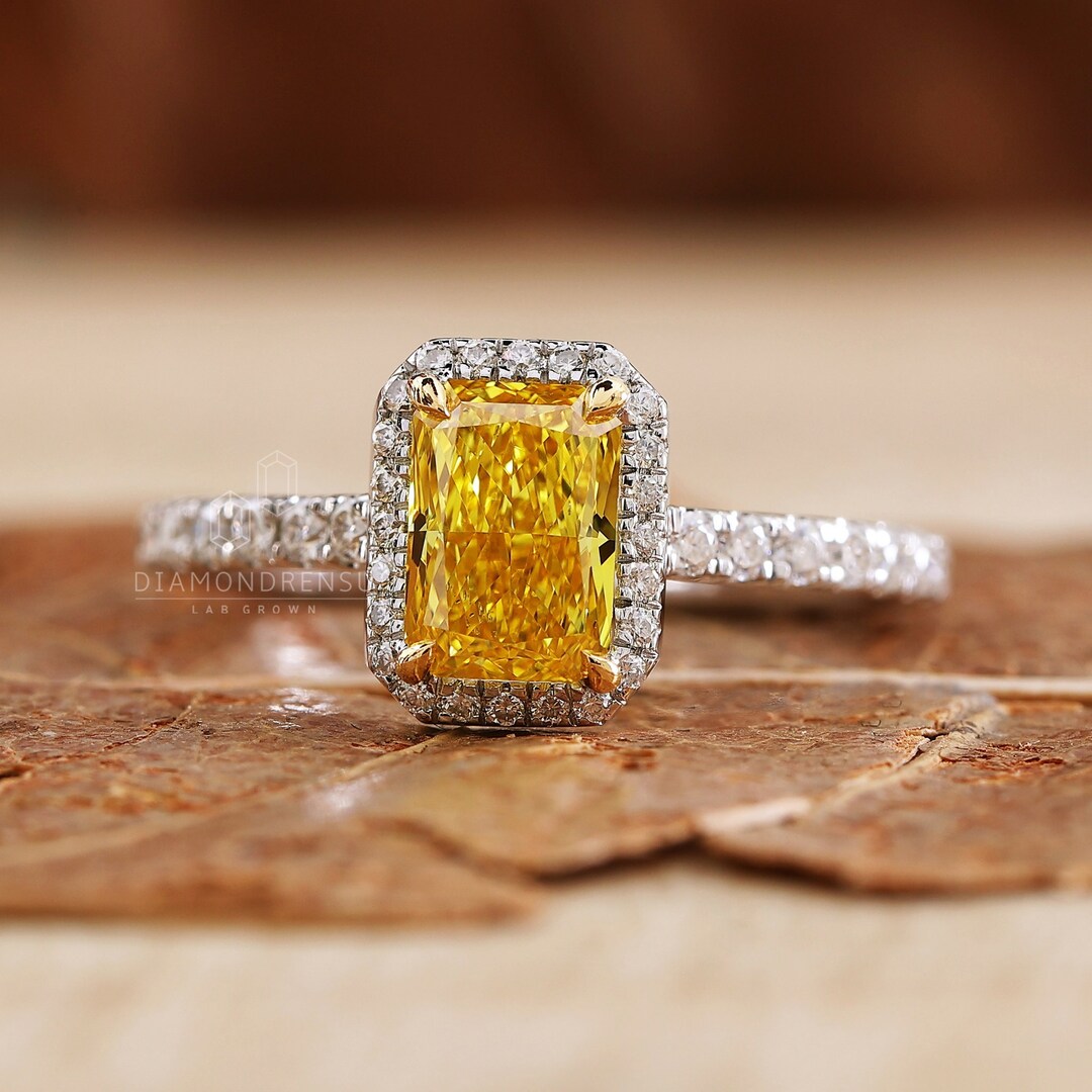 1.03 CT Fancy Yellow Radiant Cut Lab Grown Diamond Ring, Halo ...
