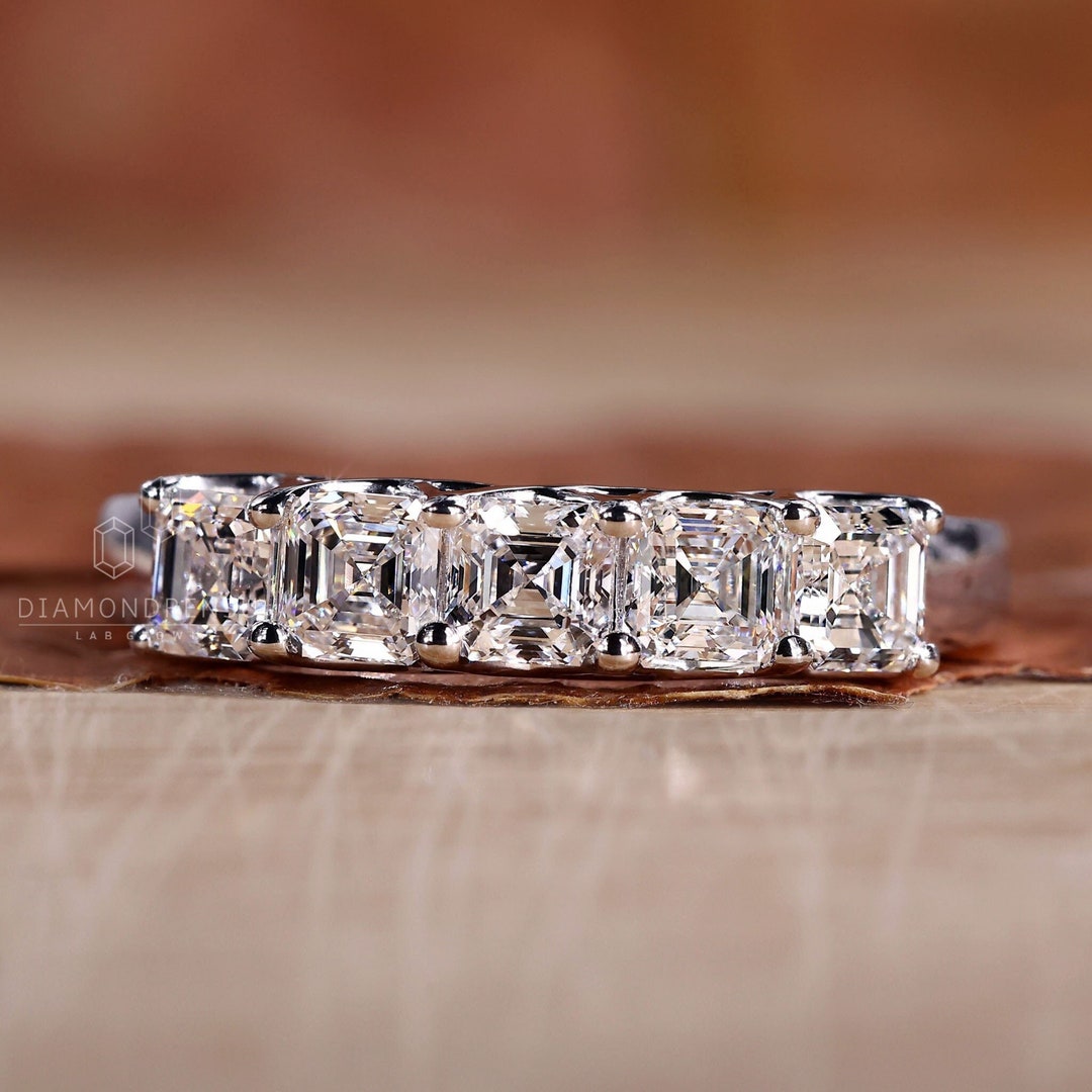 Five Stones Diamond Wedding Band, 3.50 MM Asscher Cut Lab Grown Diamond Band, Trellis Style Half ...