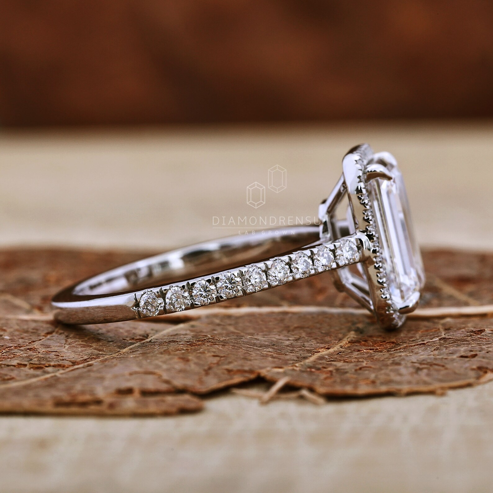 Halo Engagement Ring With Emerald Cut Lab Grown Diamond, 4 Claw Prongs ...