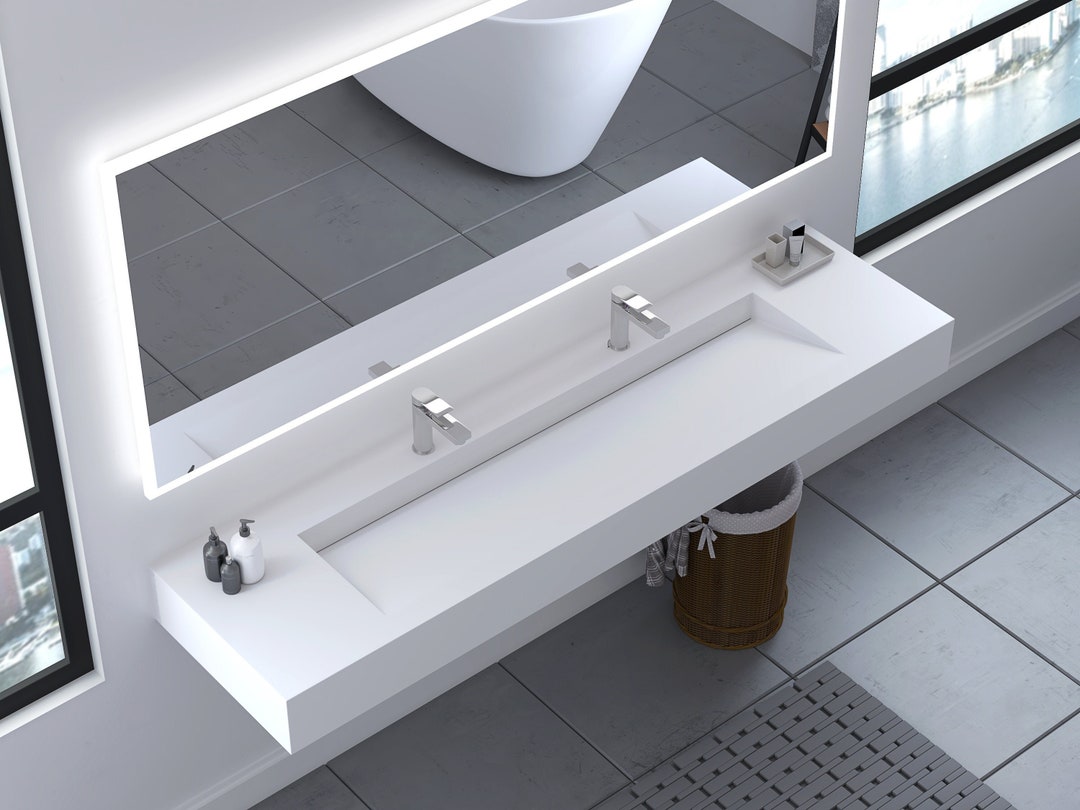 72" Wall-mount Minimalist Ramp Basin Floating Bathroom Double Sink and ...