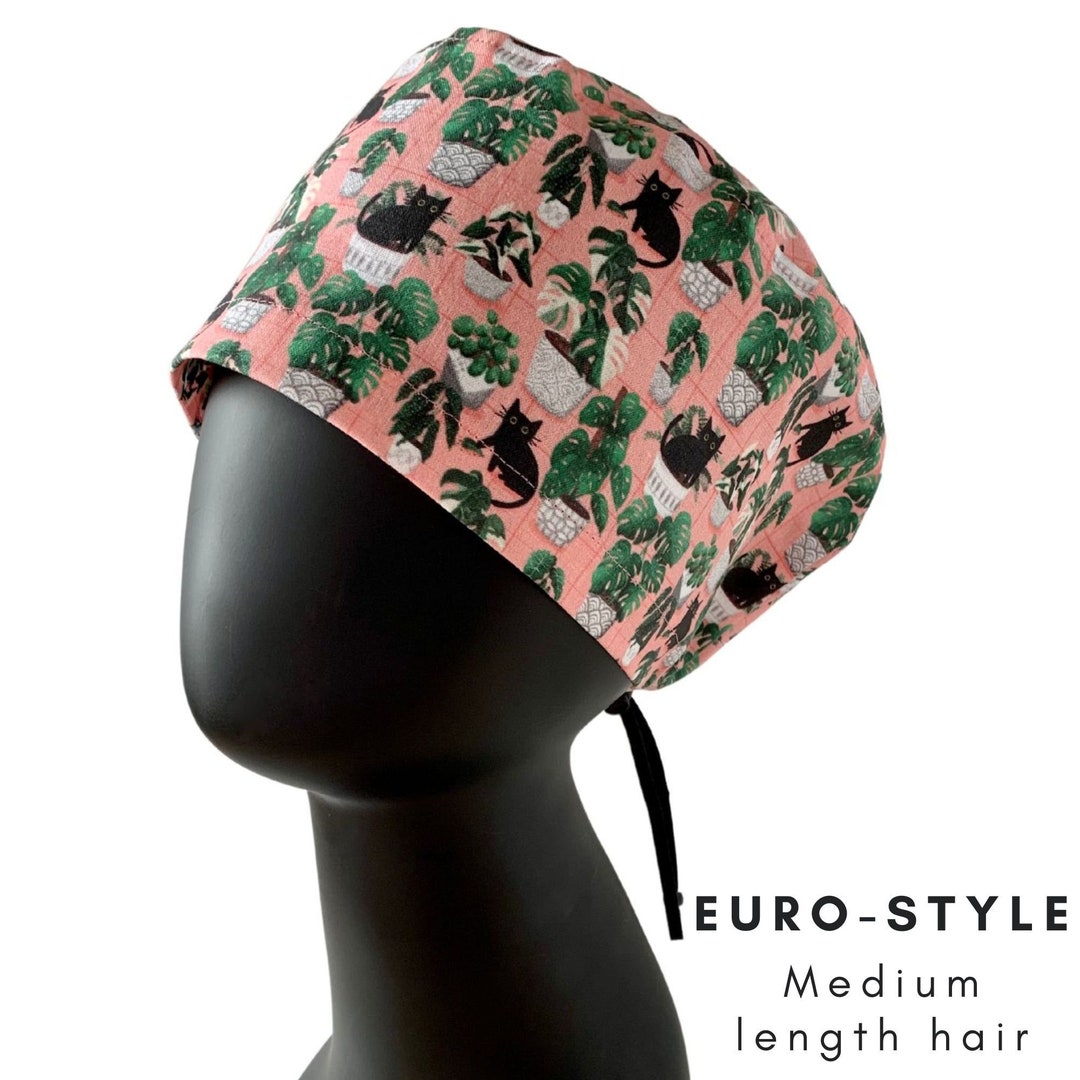 Plants and Cats Euro Surgical Scrub Cap, for MEDIUM Length Hair, Cute ...
