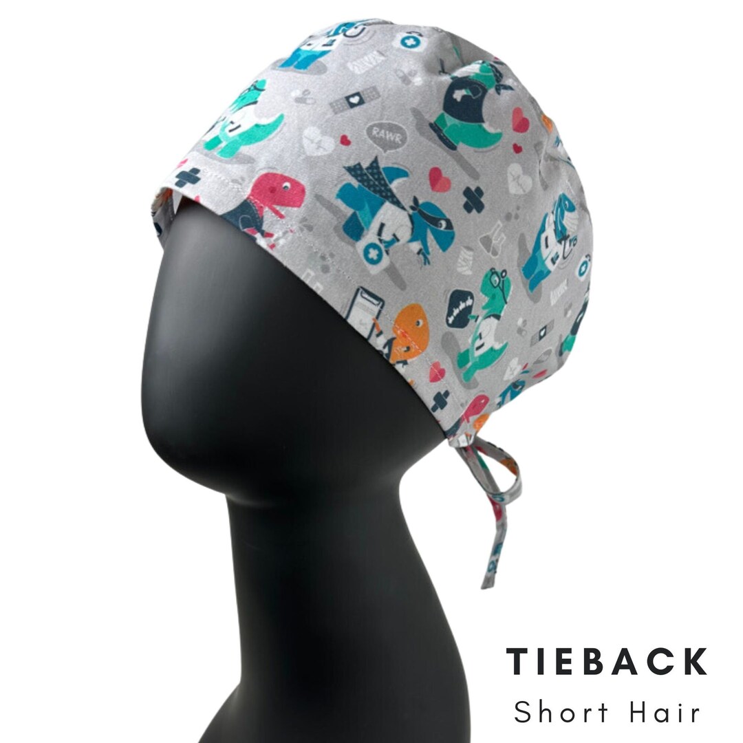 Dino Doctors Tieback Surgical Scrub Cap, for SHORT Hair, Cute Scrub Cap ...