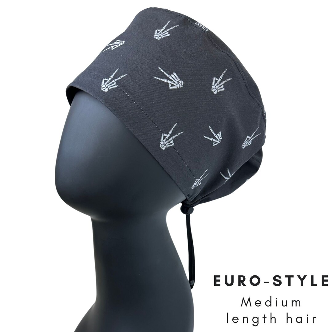 Skeleton Hands Black Surgical Scrub Cap - Cotton Euro Style for MEDIUM ...