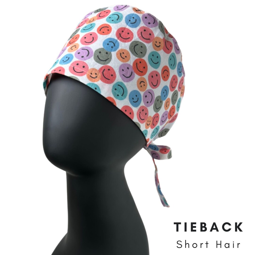 Smiley Faces Rainbow Tieback Surgical Scrub Cap, for SHORT Hair, Cute ...