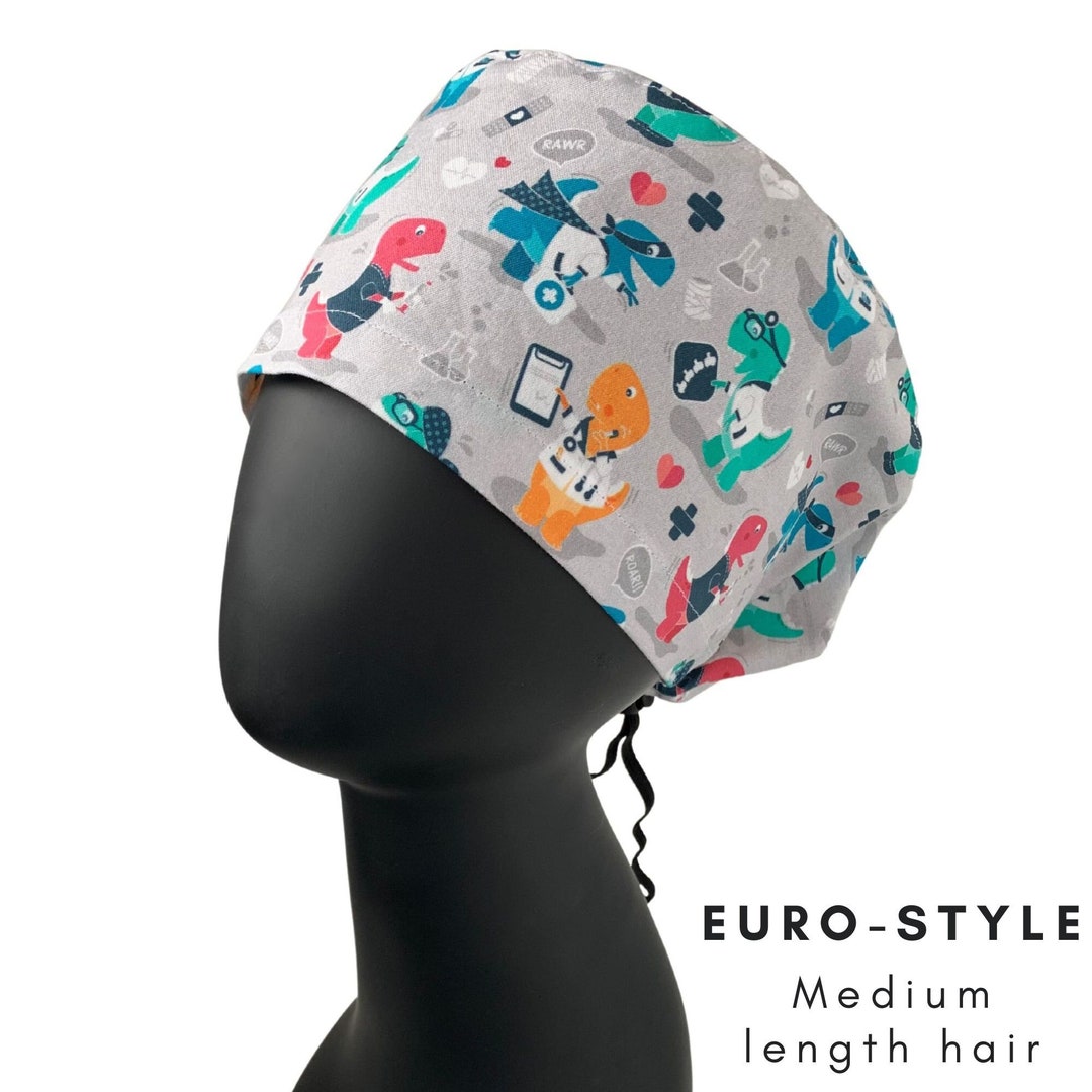 Dino Doctors Euro Surgical Scrub Cap, for MEDIUM Length Hair, Cute ...