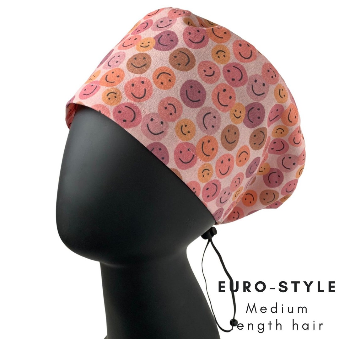Smiley Faces Surgical Scrub Cap - Cotton Euro Style for MEDIUM Length ...