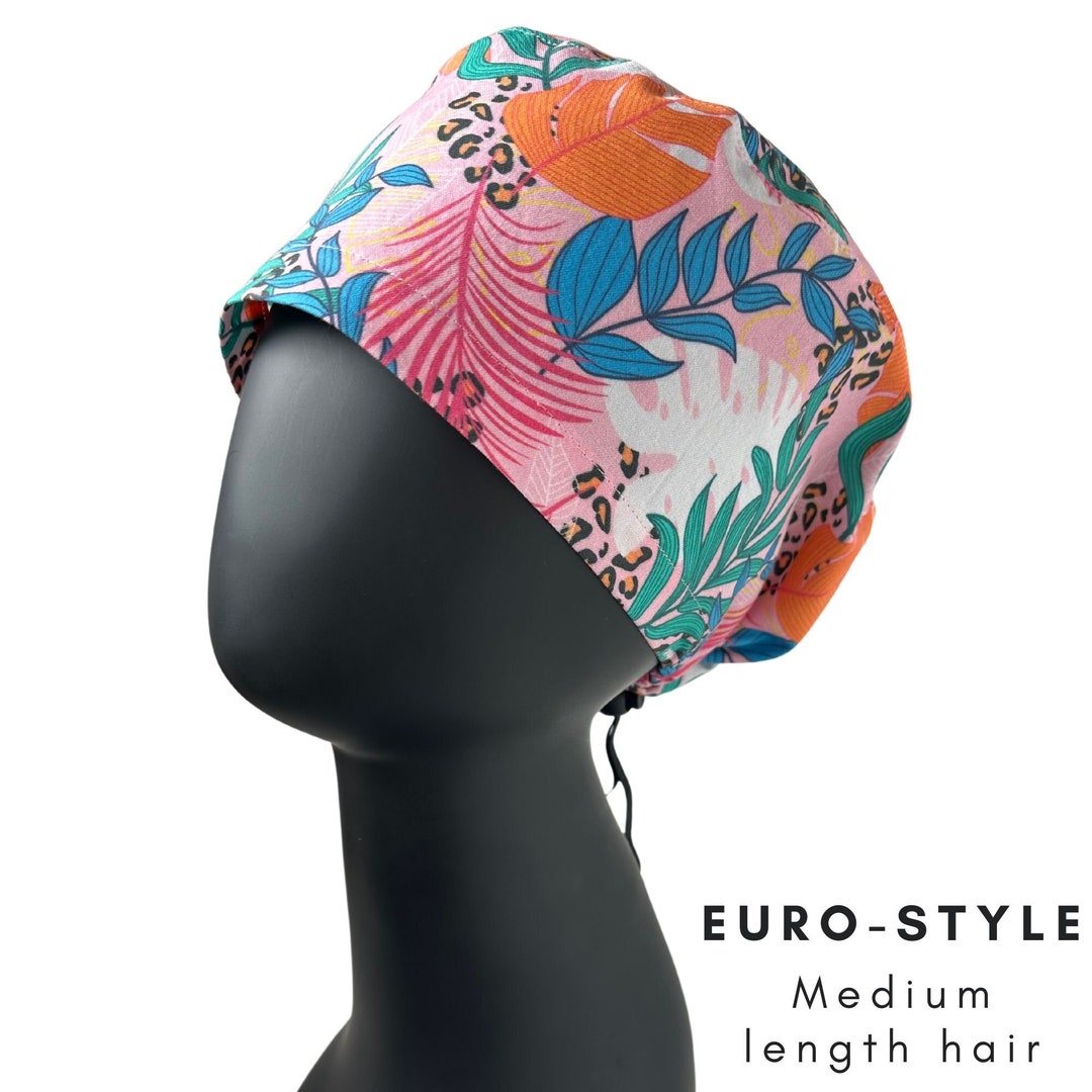 Pink Jungle Euro Surgical Scrub Cap, for MEDIUM Length Hair, Cute Scrub ...
