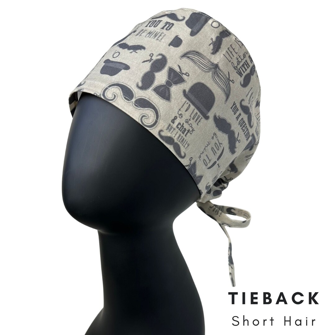 Mustache Puns Tieback Surgical Scrub Cap, for SHORT Hair, Funny Scrub ...