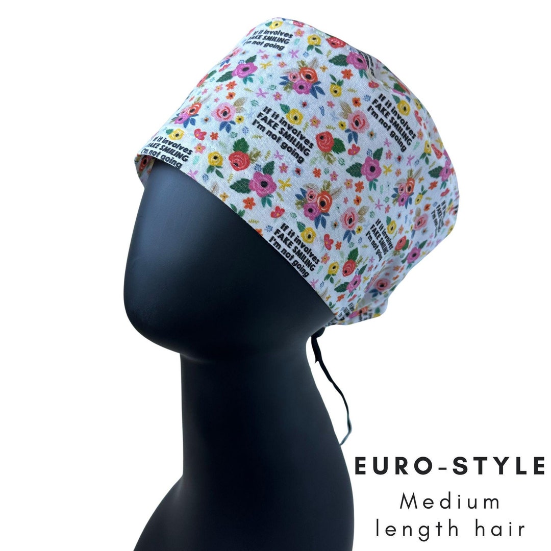 Fake Smiling Euro Surgical Scrub Cap, for MEDIUM Length Hair, Funny ...