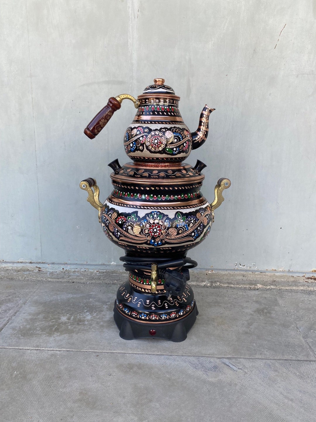 5 Lt- Clour Electric Copper Samovar - Thermostat Tea Set, Chubby Kettle ...