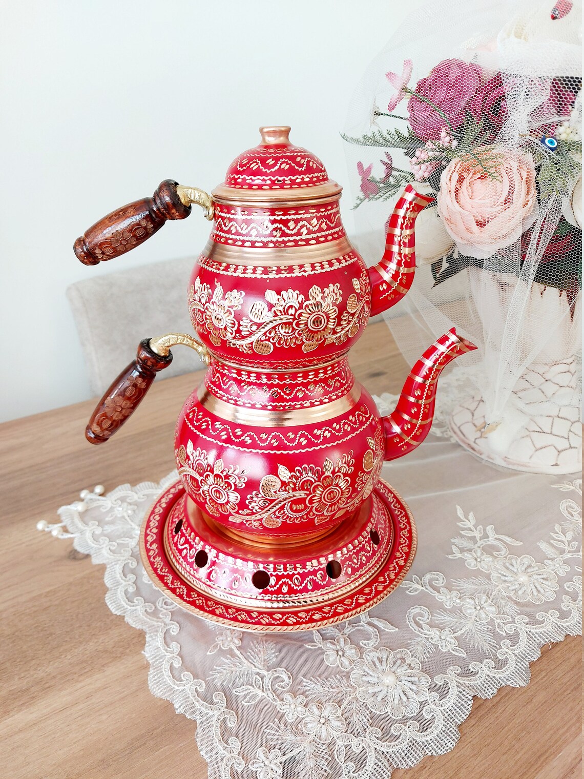 Copper Teapot Red Tea Set Balcony Enjoyment Inlay Turkish | Etsy