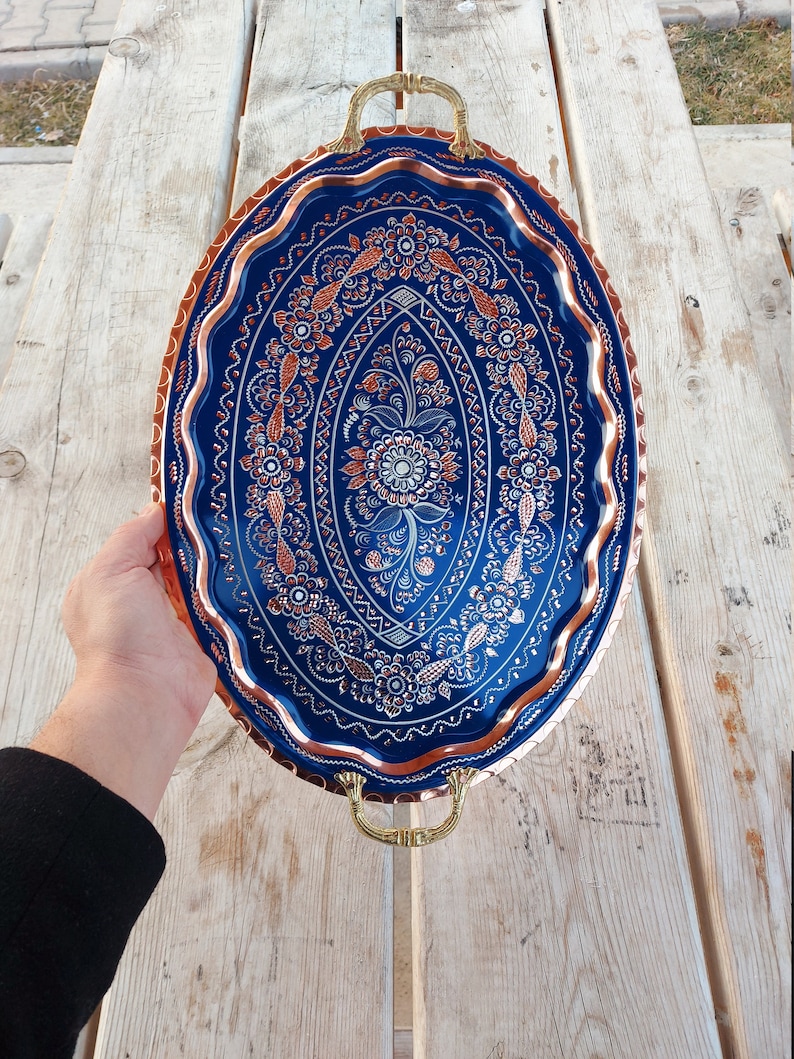 Copper Red Coffee Tray - 6 Person Copper Oval Tray, Silver Engraved ...