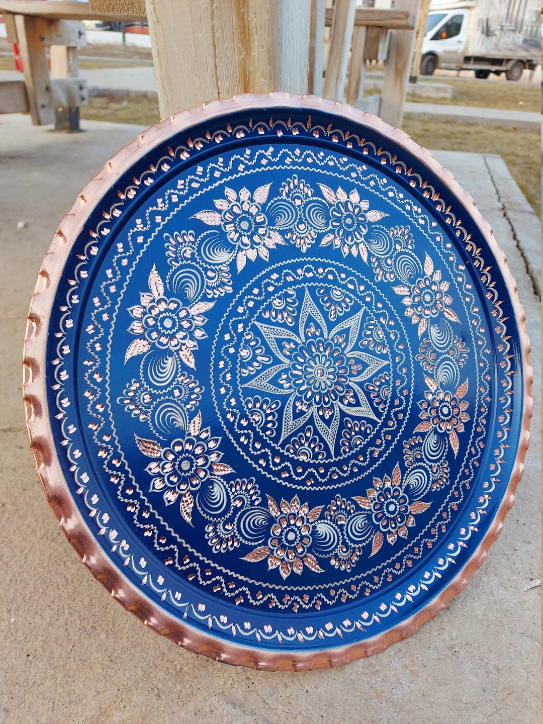 Round Coffee Table Tray, Copper Engraved Tray, Round Ottoman Tray ...