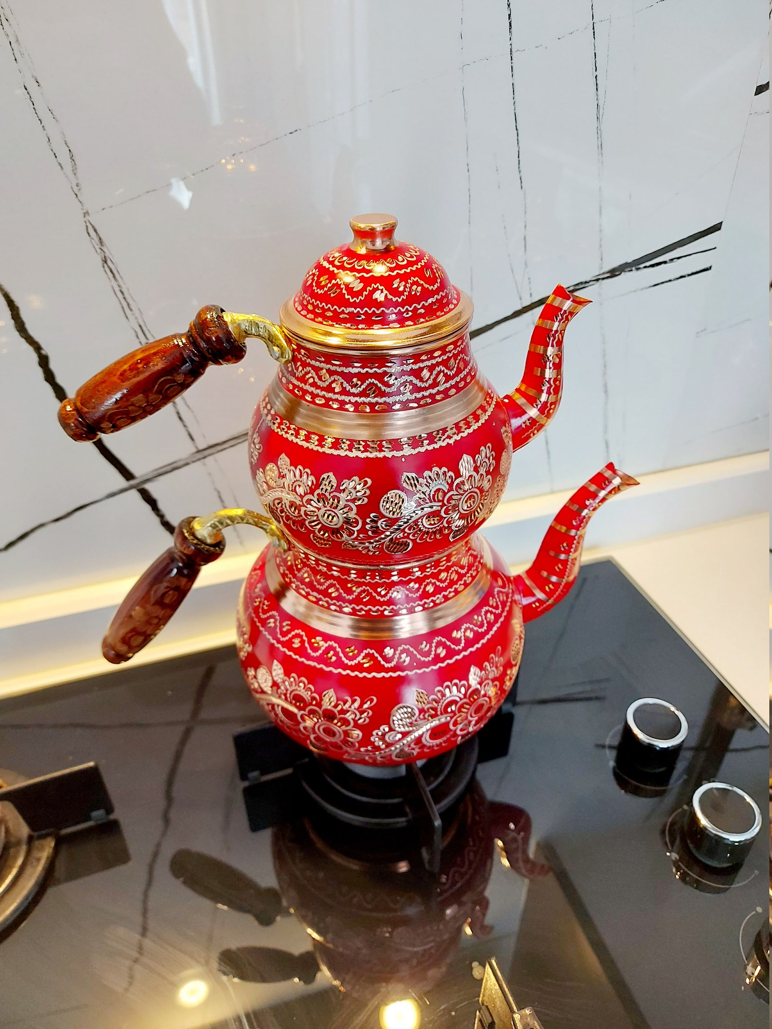 Copper Teapot Red Tea Set Balcony Enjoyment Inlay Turkish | Etsy