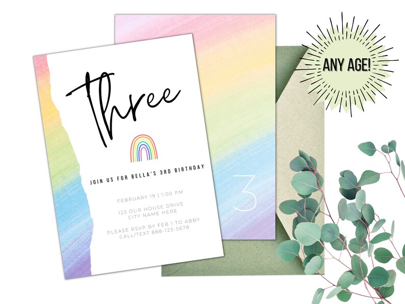 Rainbow Birthday Invitation, Customizable Birthday Invitation, Kids ...