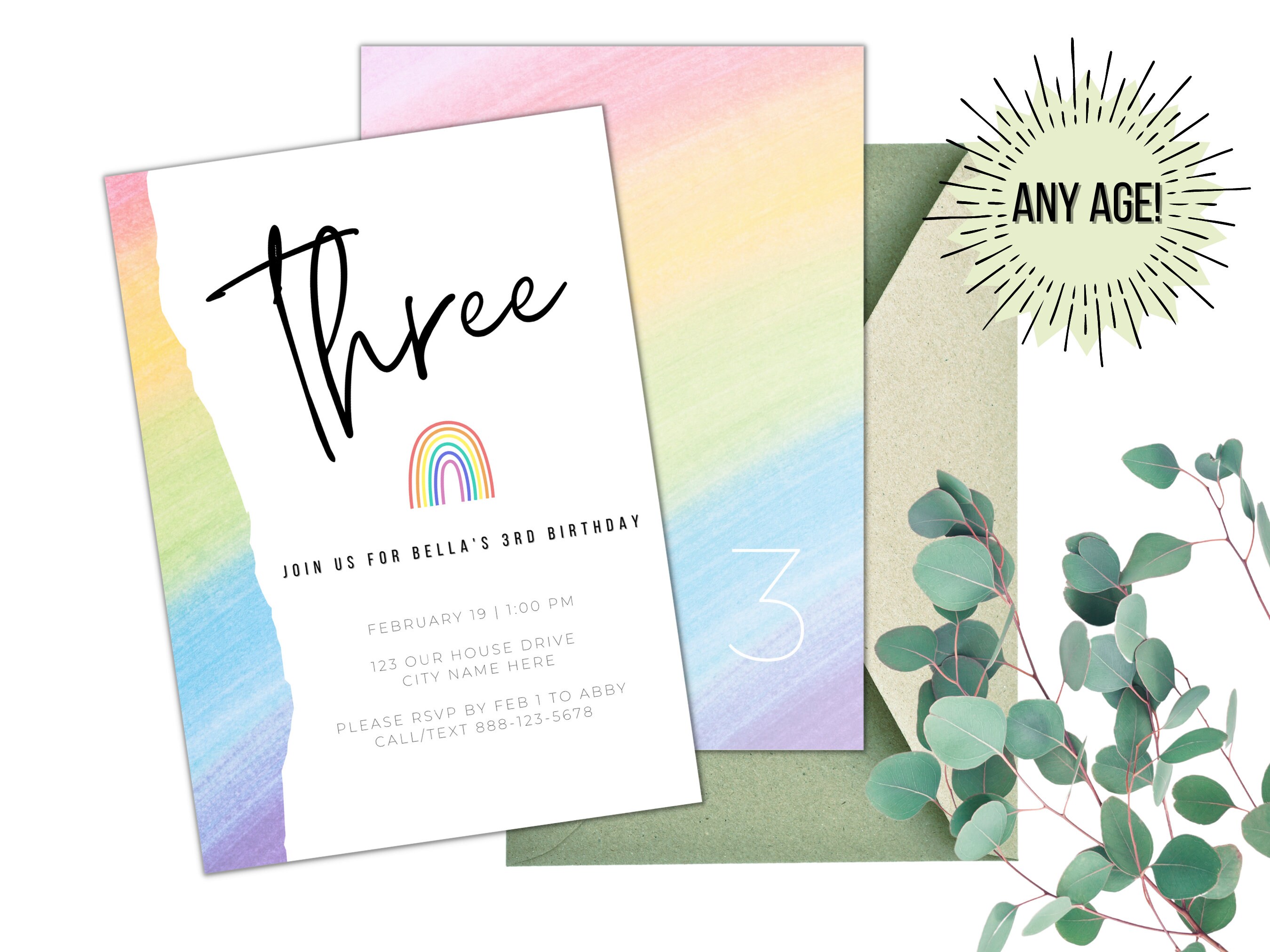 Rainbow Birthday Invitation, Customizable Birthday Invitation, Kids ...