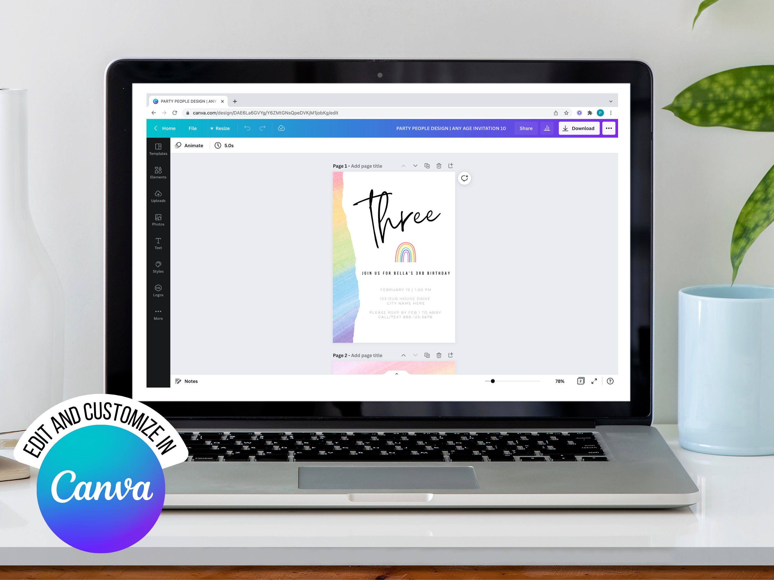 Rainbow Birthday Invitation, Customizable Birthday Invitation, Kids ...