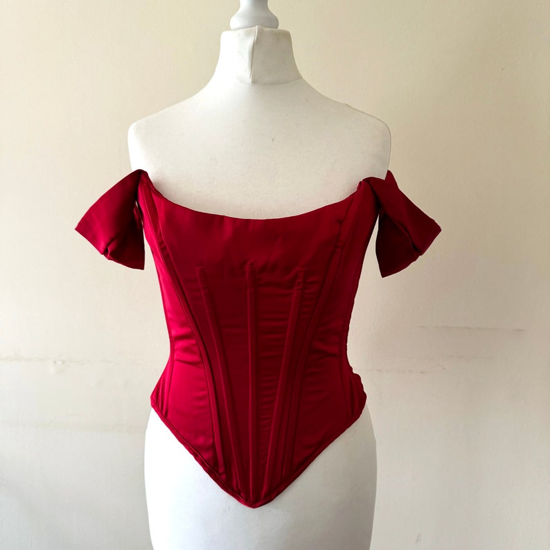 READY TO SHIP Red Satin Corset Romantic Draped Sleeve Lace up Bodice - Etsy
