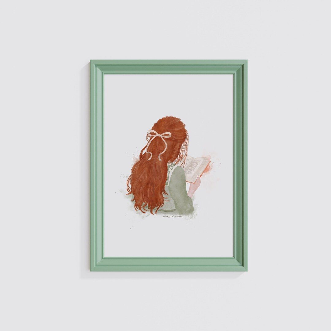 Red Haired Girl Reading Wall Art Print, Hand Painted Illustration ...