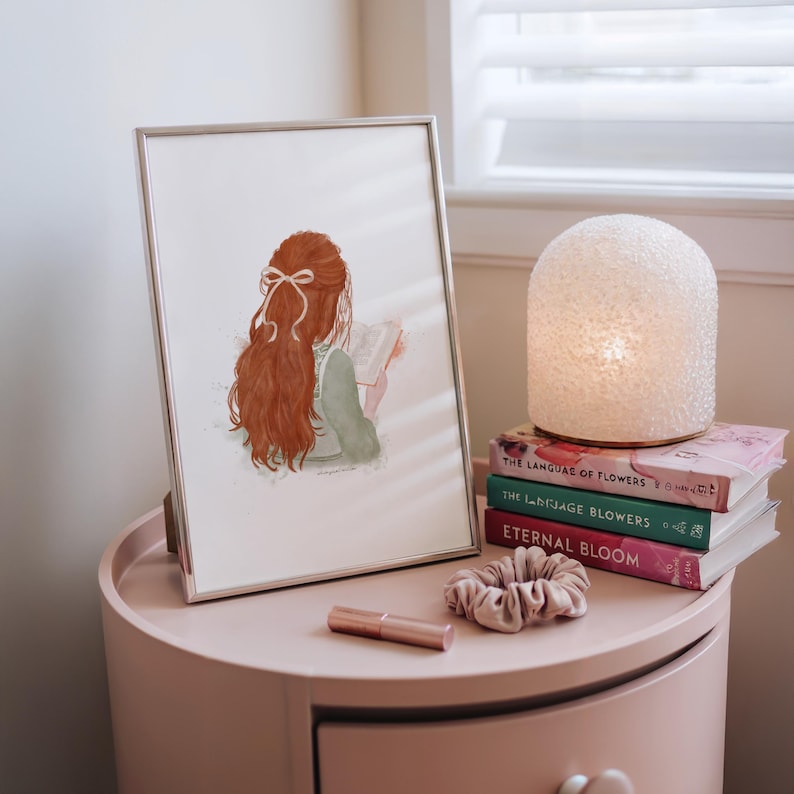 Red Haired Girl Reading Wall Art Print, Hand Painted Illustration ...