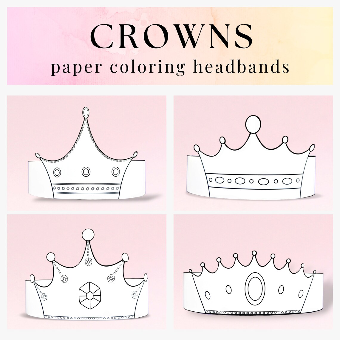 4 Crowns Paper Coloring Headbands, King Paper Hats for Kids, Instant ...