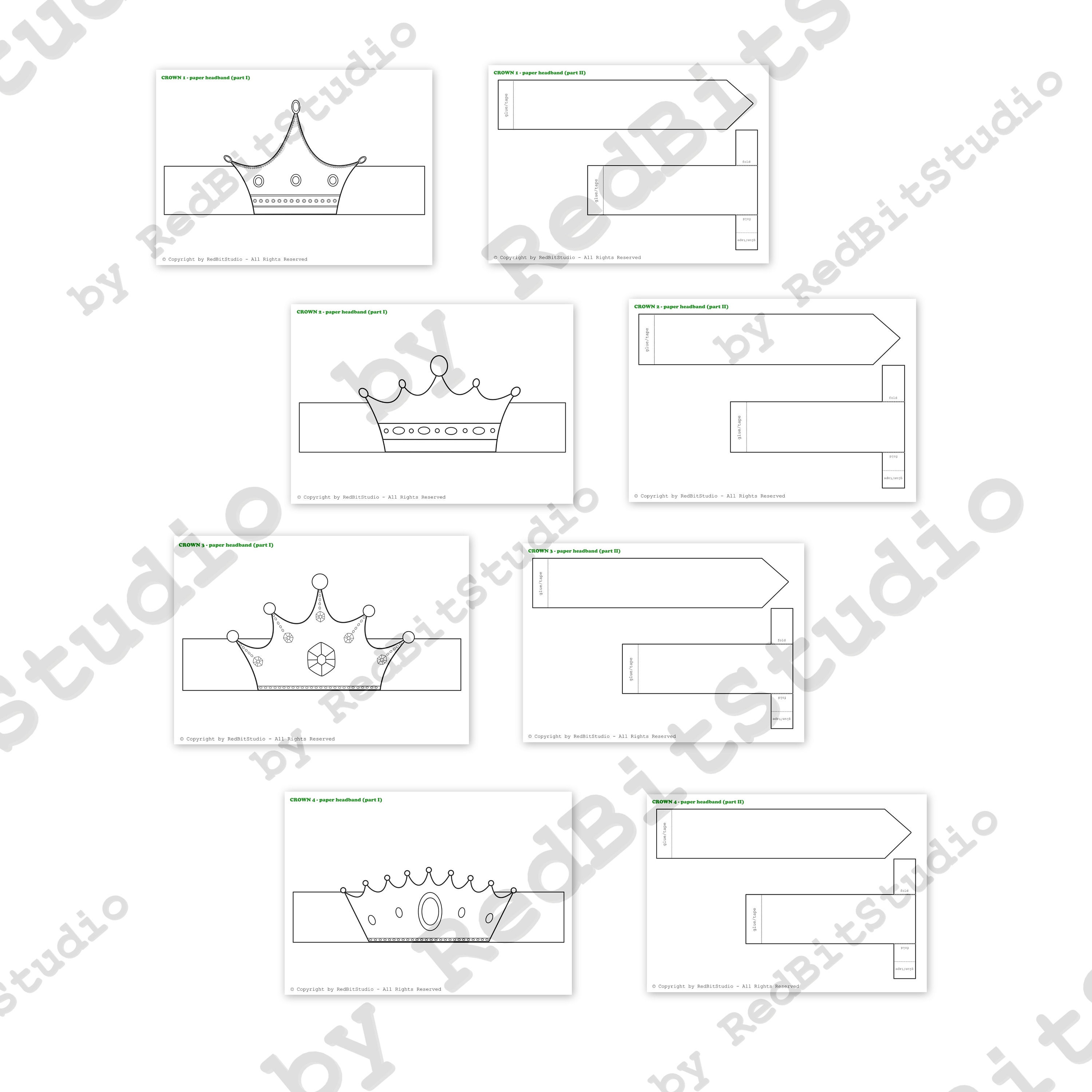 4 Crown Paper Coloring Headbands, King Paper Hats for Kids, Instant ...