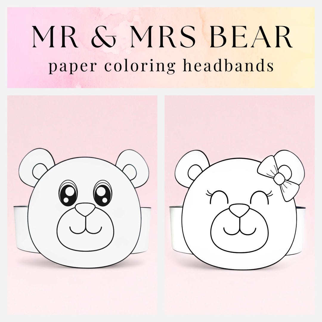 2 Bears Paper Coloring Crowns,mr&mrs Bear Paper Hats for Kids,instant ...