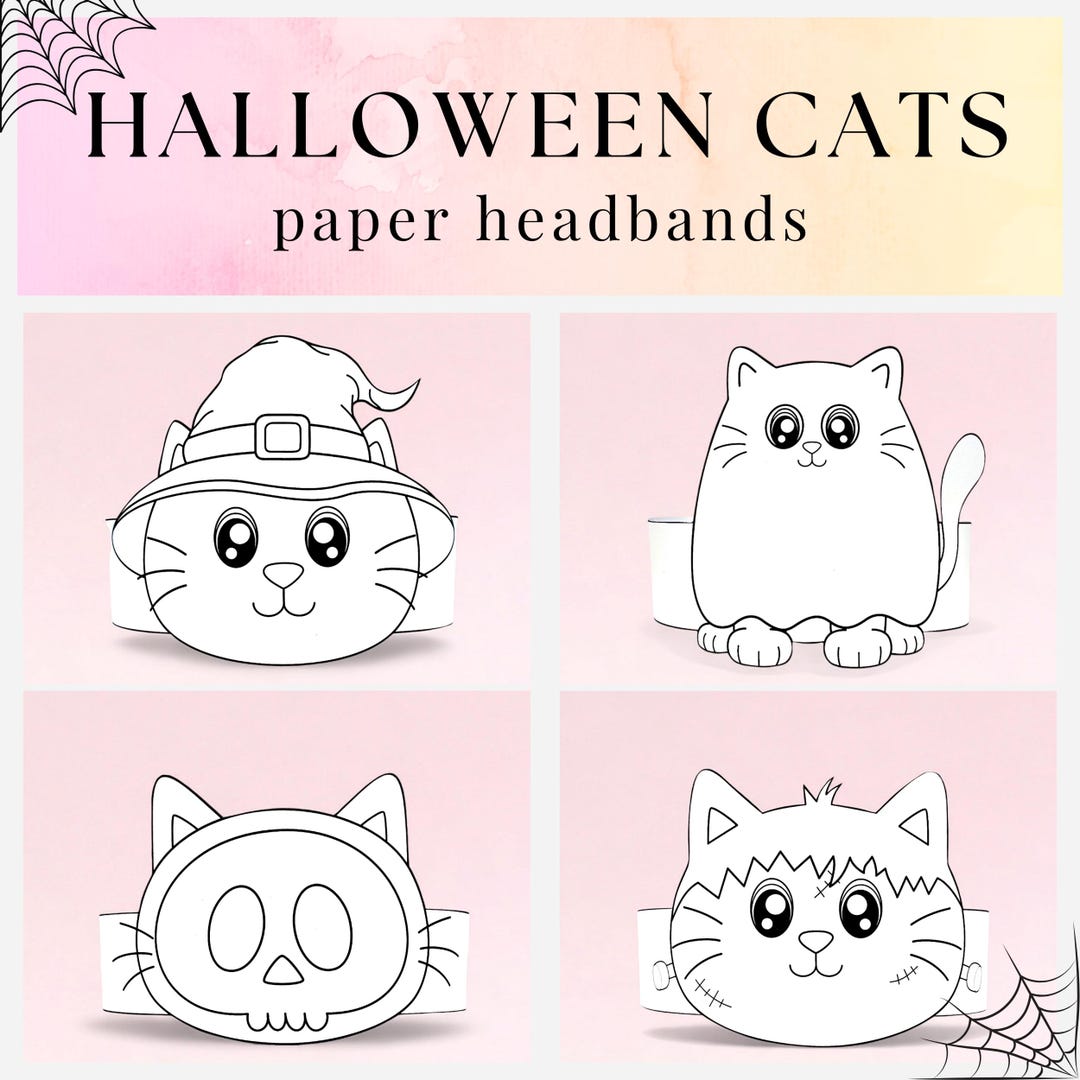 4 Halloween Cats Paper Coloring Crowns,paper Hats for Kids,instant ...