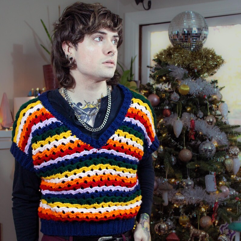 ARCADE SWEATER VEST Rainbow Colorful Chunk Indie Hipster Oversized Cozy ...