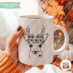 Plotterdatei Reh Mit Blumenkrone SVG, Plotterdatei Hirsch, Reh SVG, Reh Outline, Plotterdatei ...