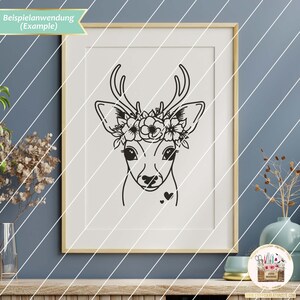 Plotterdatei Reh mit Blumenkrone SVG, Plotterdatei Hirsch, Reh SVG, Reh Outline, Plotterdatei ...