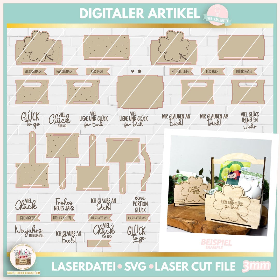 Laserdatei Glück Korb SVG, Laserdatei Geschenkkorb Glück, Kleeblatt ...