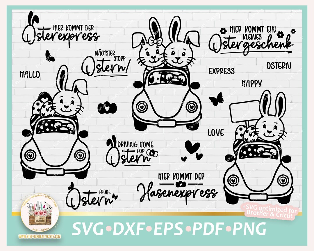 Plotterdatei Ostern Hase Auto mit deutschen Sprüchen SVG, Plotterdatei Osterhase Auto, SVG ...