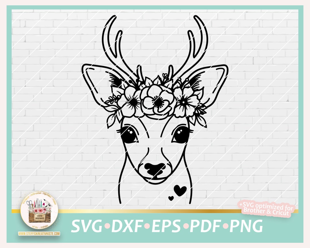Plotterdatei Reh mit Blumenkrone SVG, Plotterdatei Hirsch, Reh SVG, Reh Outline, Plotterdatei ...