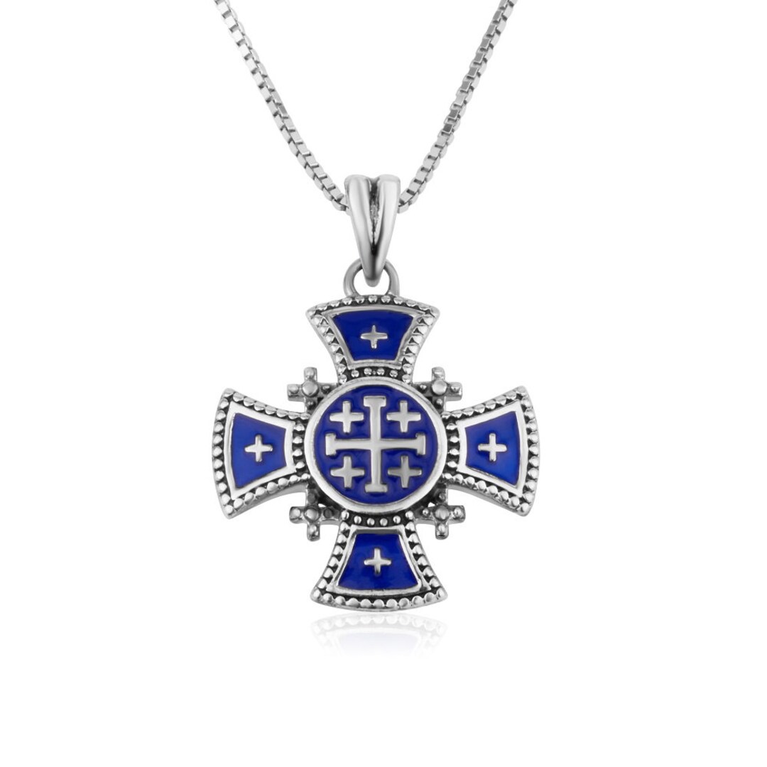 Silver Jerusalem Cross Pendant, Sterling Silver Chains, Blue Enamel ...